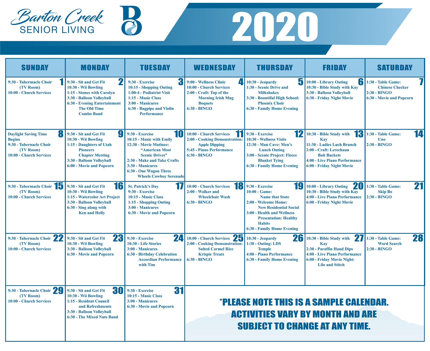 Sample Activity Calendar - Welcome Home Assisted Living